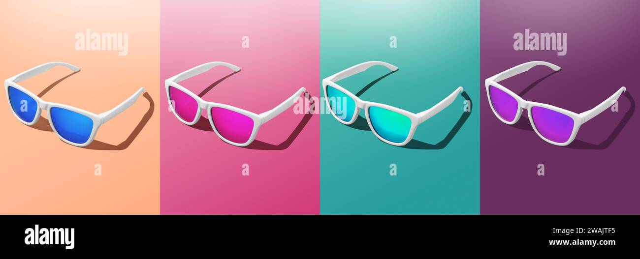 3D Render banner of colorful sunglasses. Studio shot of modern ...