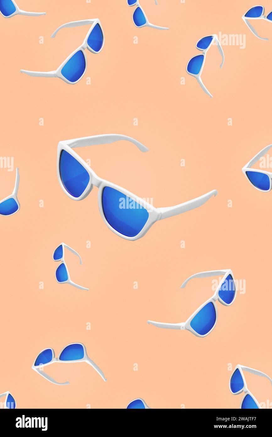 3D Render pattern of blue sunglasses floating over Peach Fuzz color ...