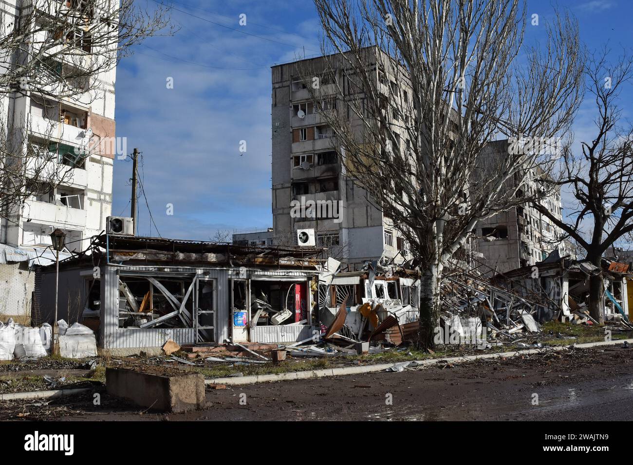 Orikhiv, Ukraine. 04th Jan, 2024. View of apartment buildings and shops ...