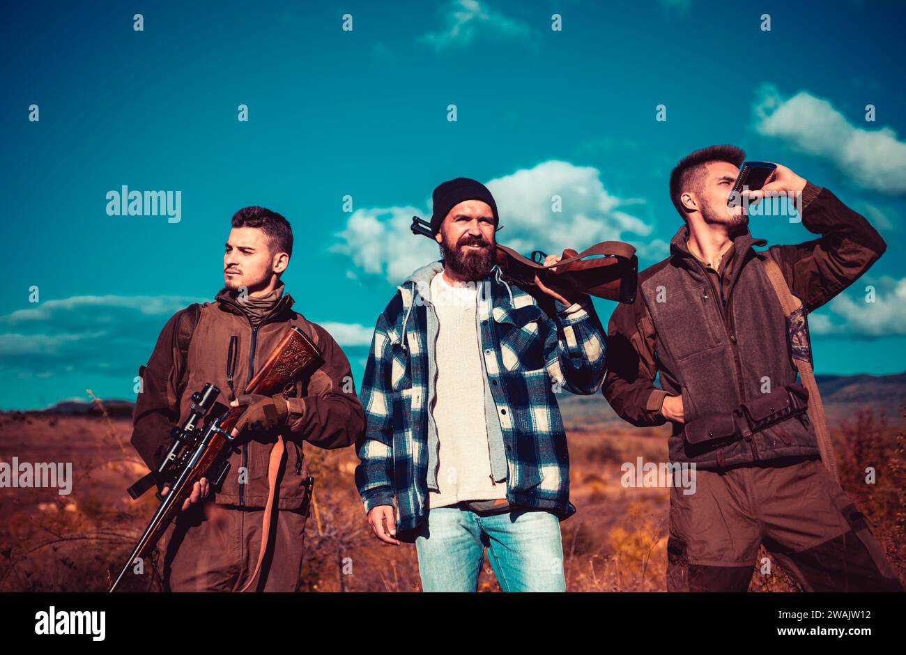 Hunter with shotgun gun on hunt. Hunting in Russia. Calibers of hunting ...