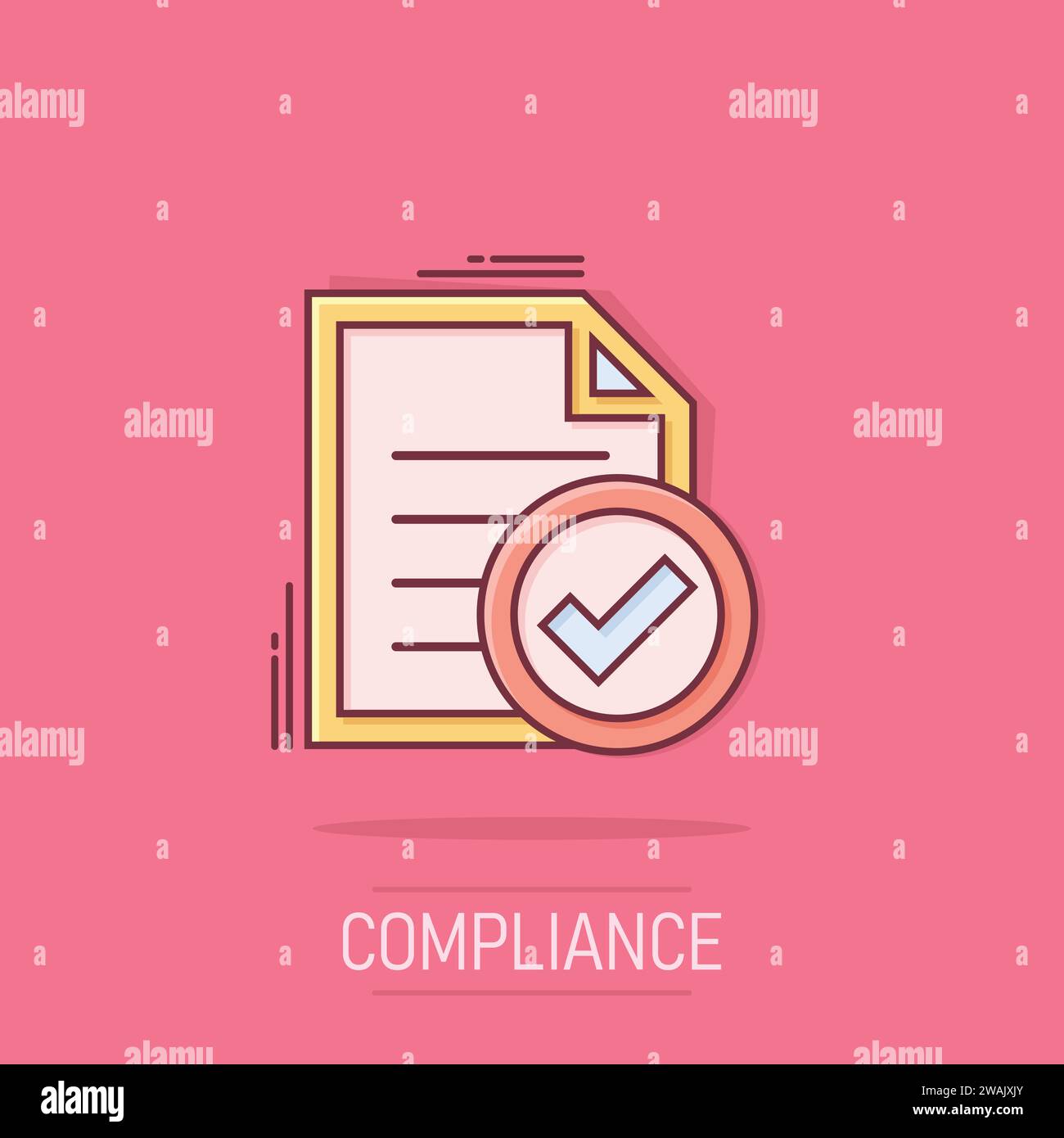 Compliance document icon in comic style. Approved process vector cartoon illustration on white ...