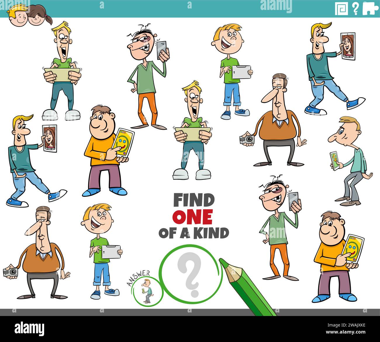 Cartoon illustration of find one of a kind picture educational activity ...