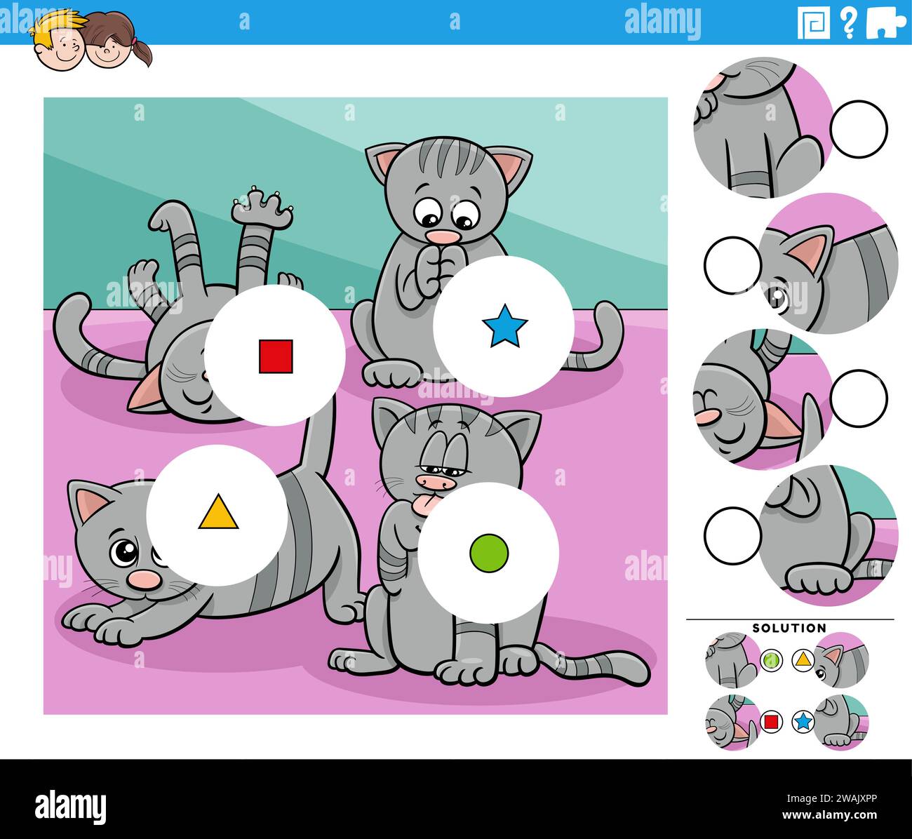 Cartoon illustration of educational match the pieces jigsaw puzzle game ...