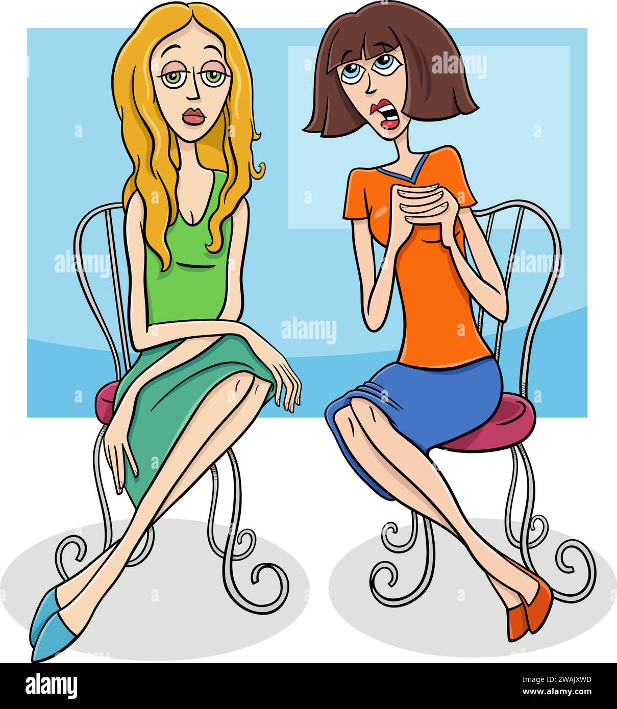 Cartoon illustration of one woman gossiping to another bored woman ...
