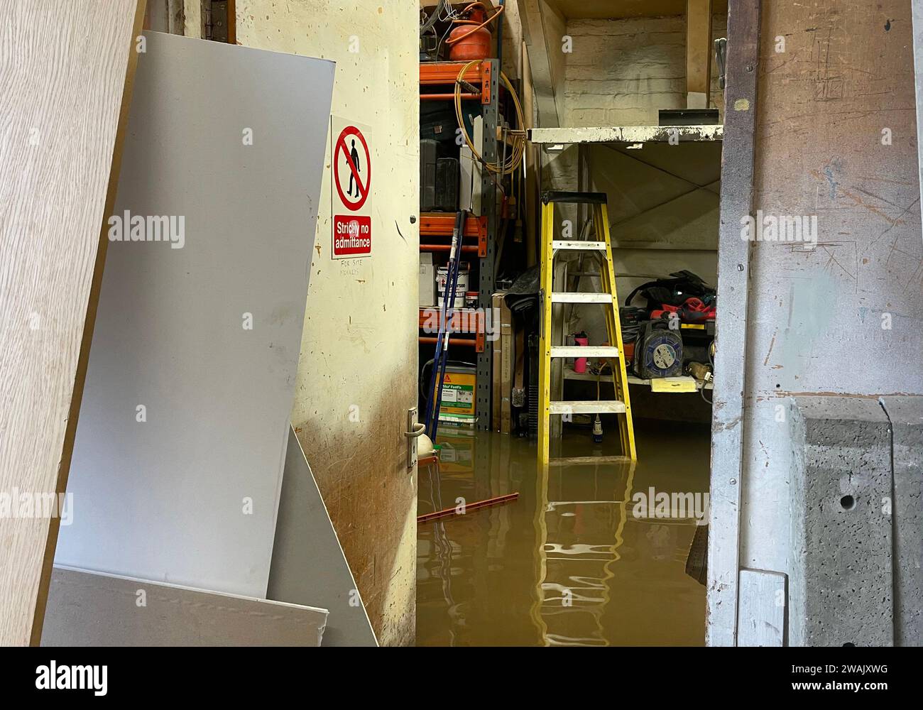 Flood water inside Kirk and Bill's, a furniture workshop in Newark-on ...