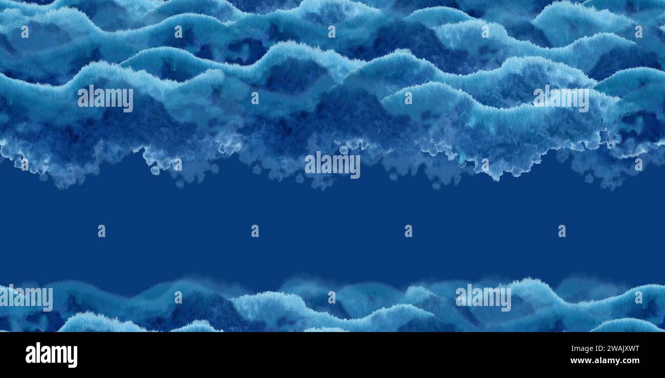 Watercolor abstract blue seamless border with sea, waves, sky, clouds ...