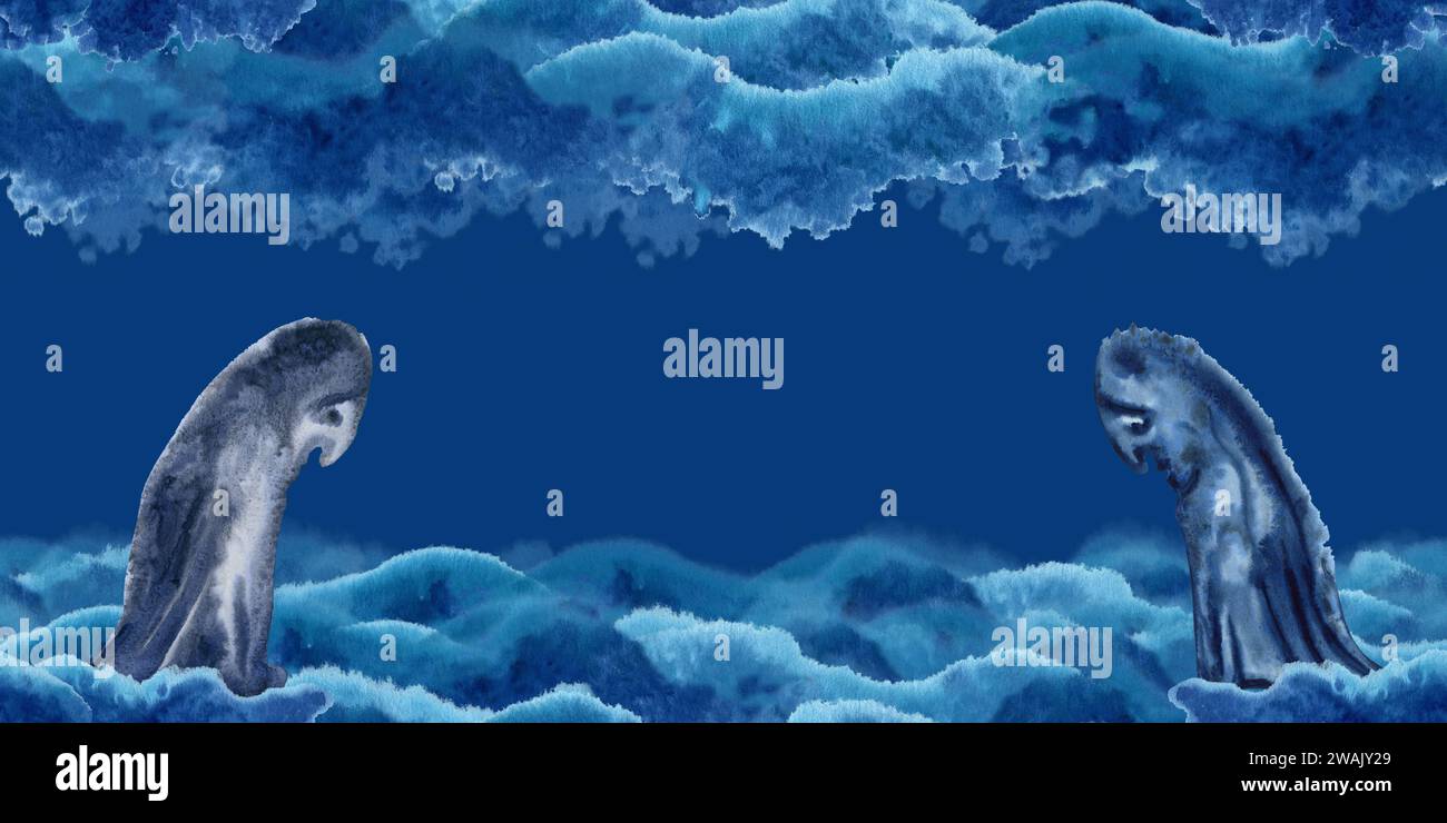 Watercolor abstract blue seamless border with sea, waves, sky, clouds ...