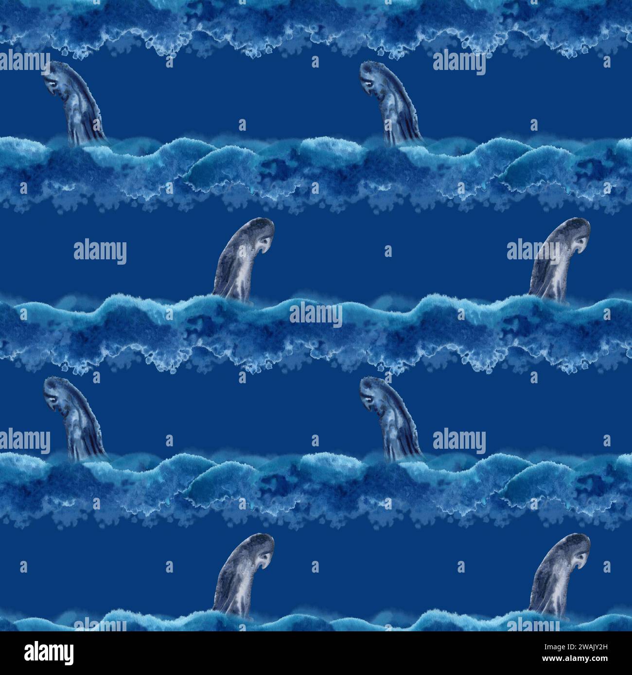 Watercolor abstract blue seamless pattern with sea, waves, sky, clouds ...