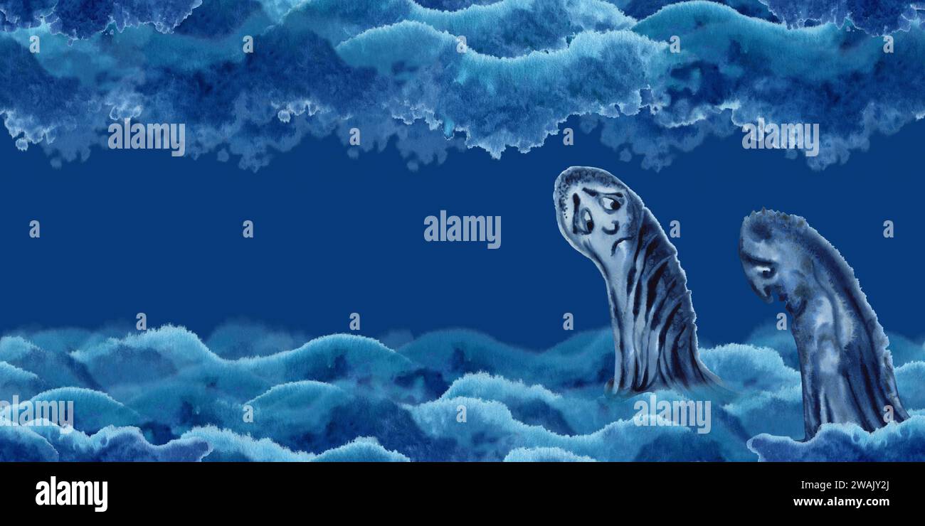 Watercolor abstract blue seamless border with sea, waves, sky, clouds ...