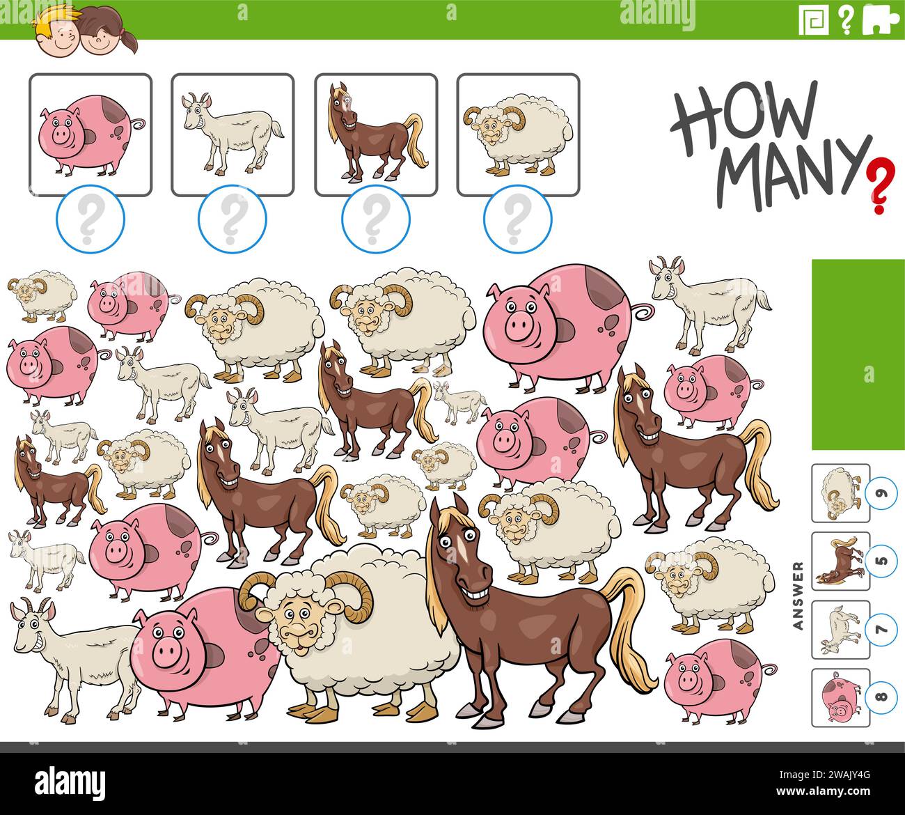 Cartoon illustration of educational counting activity with comic farm ...