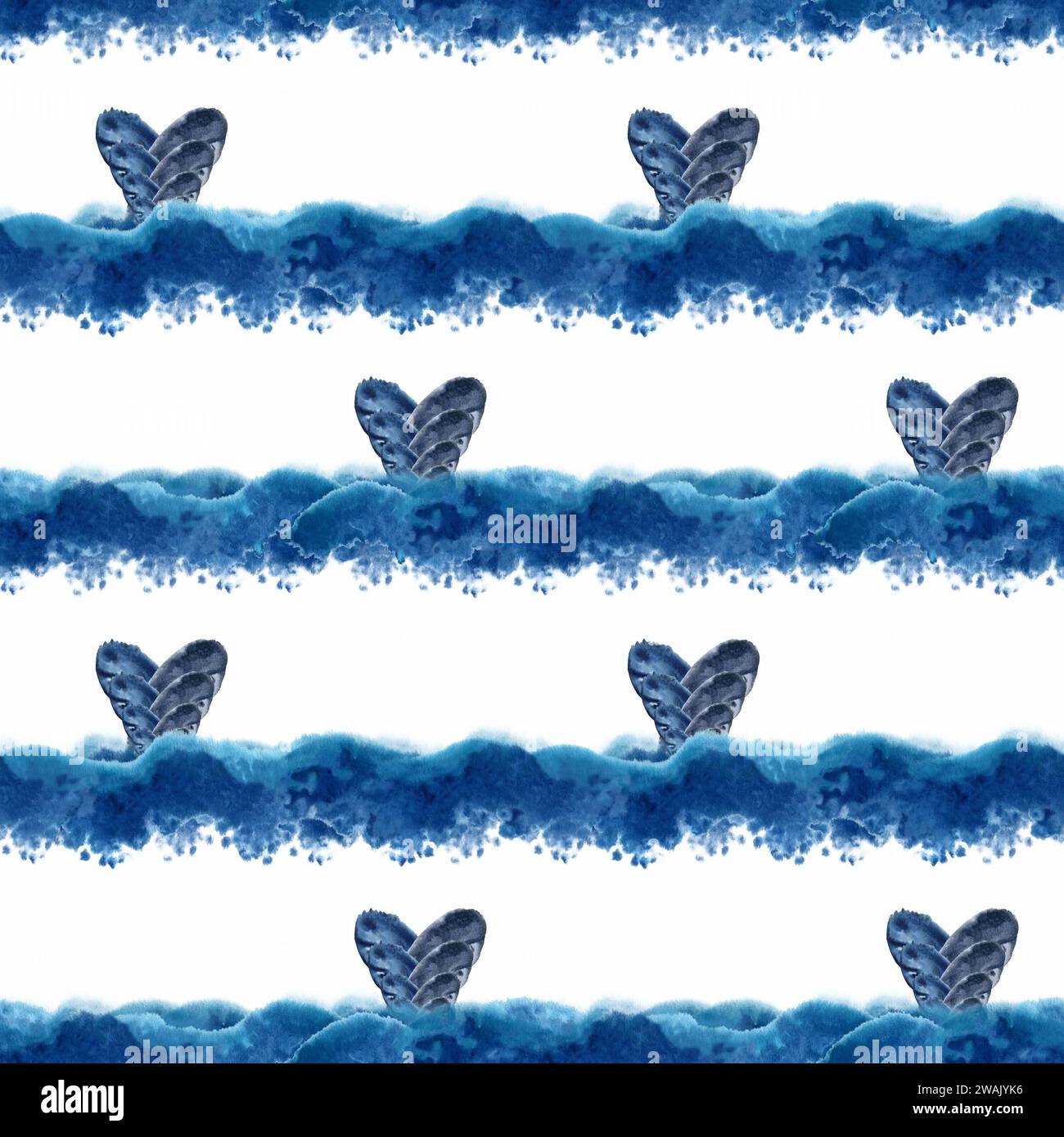 Watercolor abstract blue seamless pattern with sea, waves, sky, clouds ...