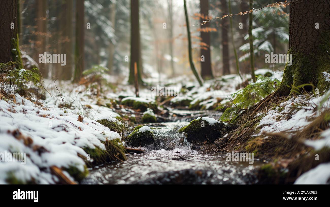A narrow stream of water flows through a picturesque winter landscape, surrounded by trees ...
