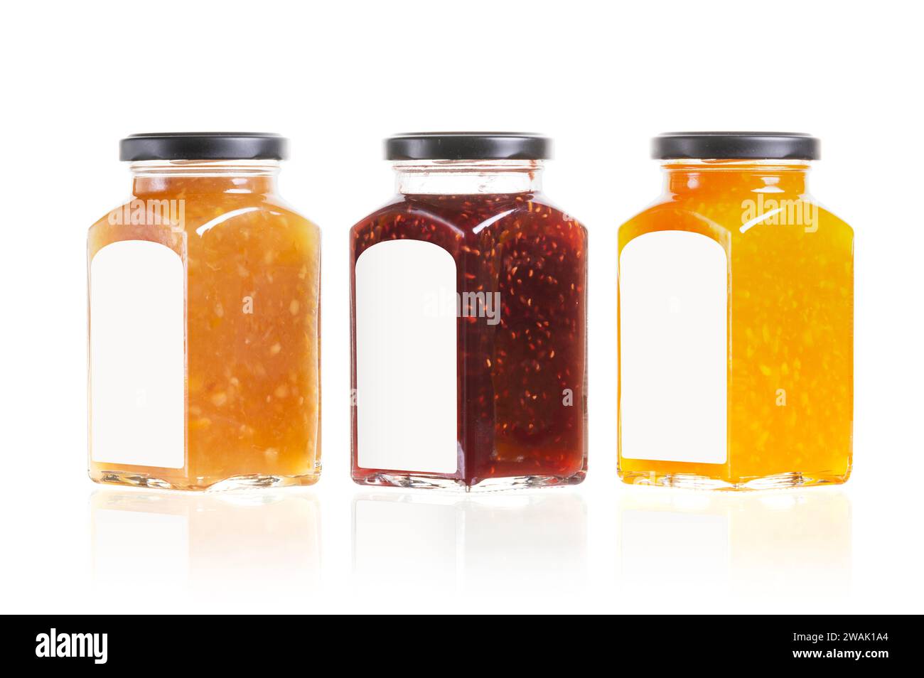 orange marmalade, raspberry jam and ginger lemon canned in glass jar ...