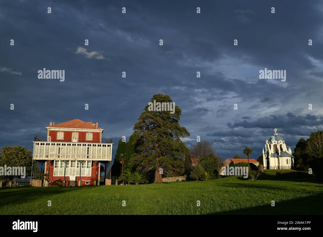 An idyllic rural landscape featuring a lush grassy field surrounded by ...