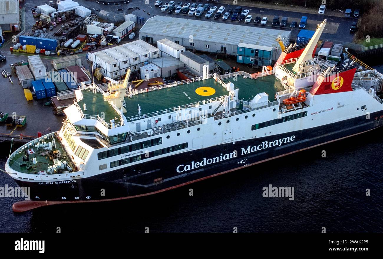 The Caledonian Macbrayne ferry MV Glen Sannox under construction at Ferguson Marine shipyard in ...