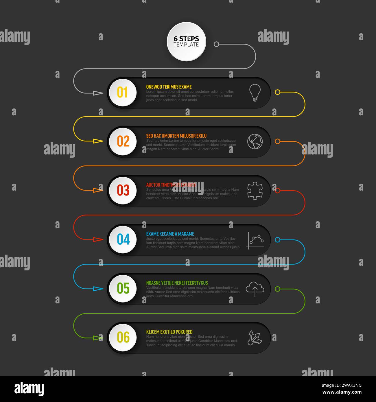 Six process progress steps in rounded blocks template with descriptions icons and thin color ...