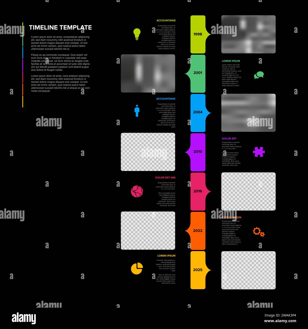 Vector multipurpose vertical simple dark progress timeline steps template with descriptions ...