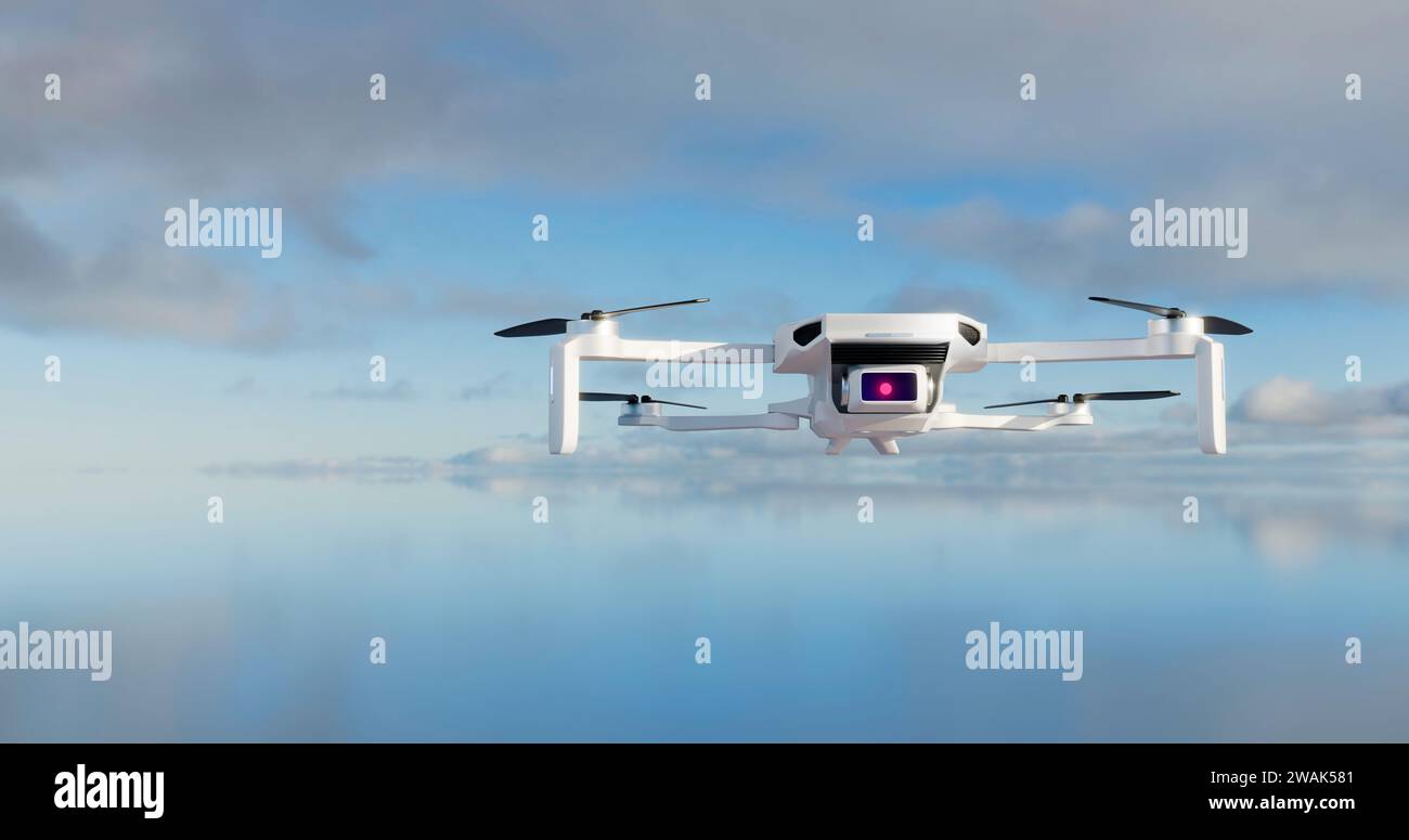 Unmanned aerial vehicle drone, white against a blue sky with clouds ...