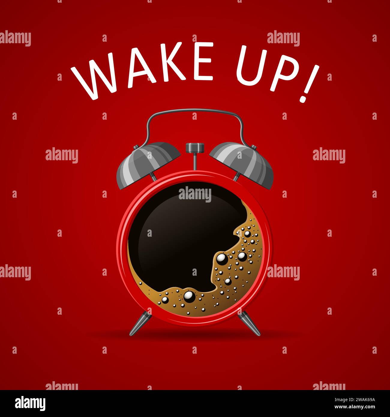 Red Alarm clock and coffee cup on red background. Good morning coffee ...