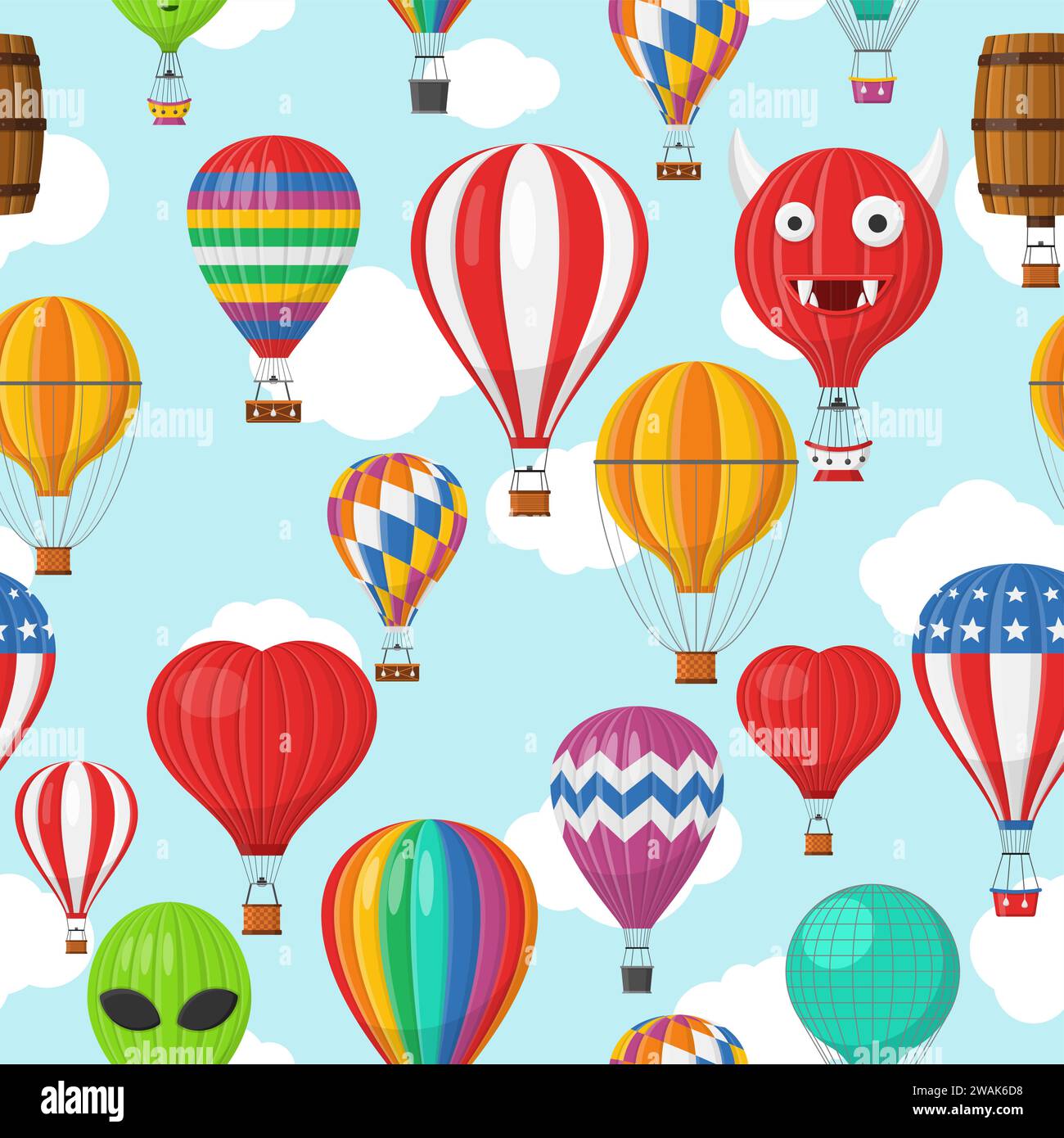 Aerostat Balloon transport with basket and clouds flying in blue sky ...