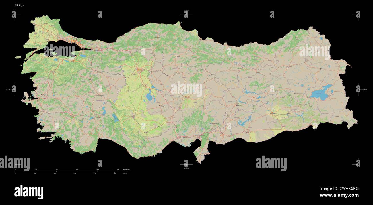 Shape of a topographic, OSM standard style map of the Turkiye, with ...