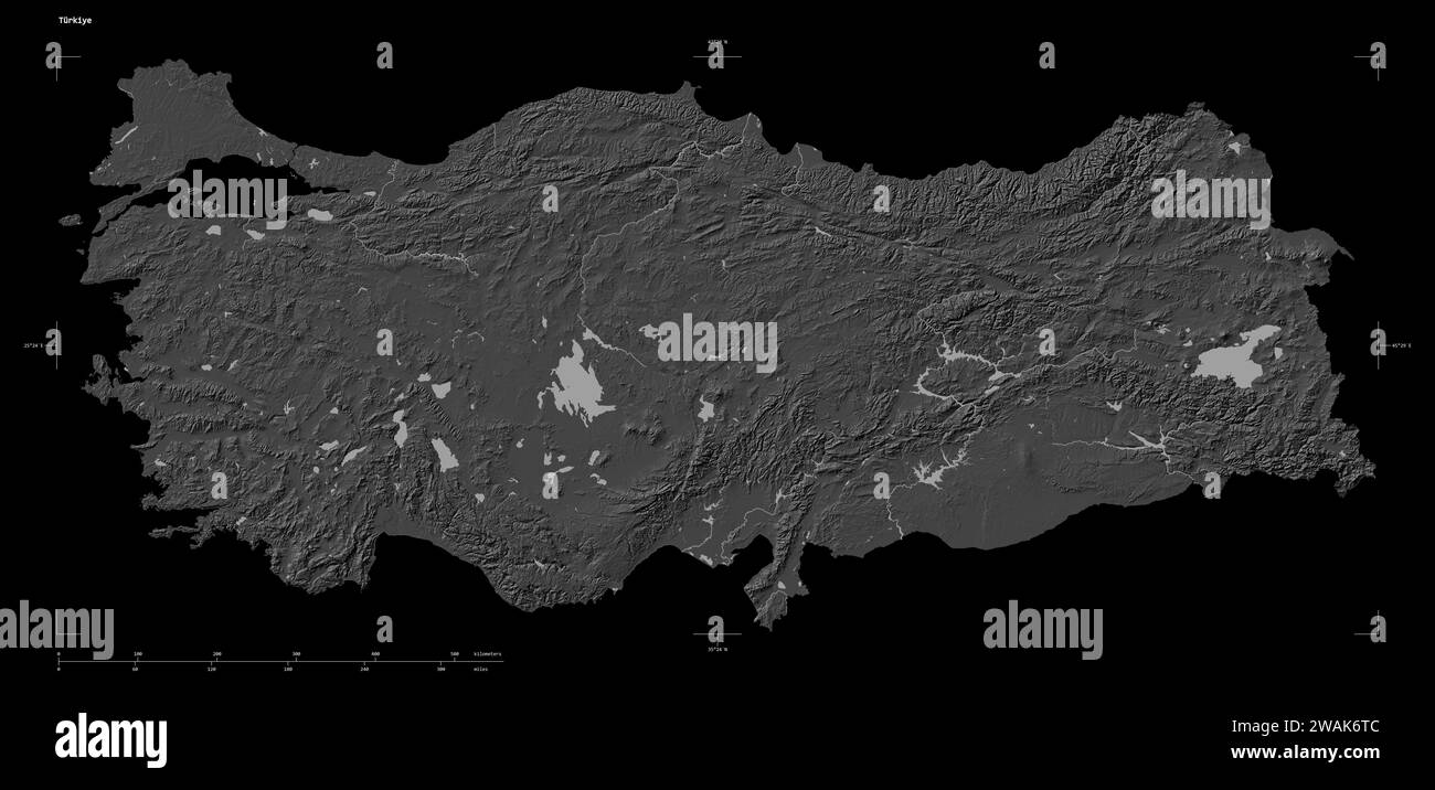 Shape of a Bilevel elevation map with lakes and rivers of the Turkiye, with distance scale and ...