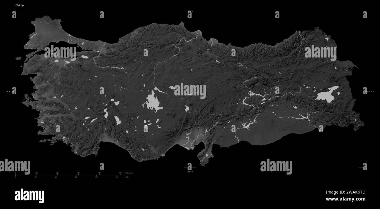Shape of a Grayscale elevation map with lakes and rivers of the Turkiye ...