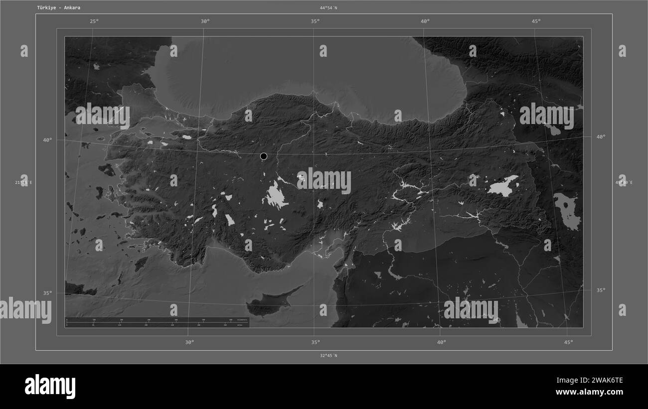 Turkiye highlighted on a Grayscale elevation map with lakes and rivers ...