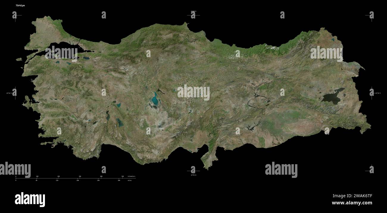 Shape of a high resolution satellite map of the Turkiye, with distance ...