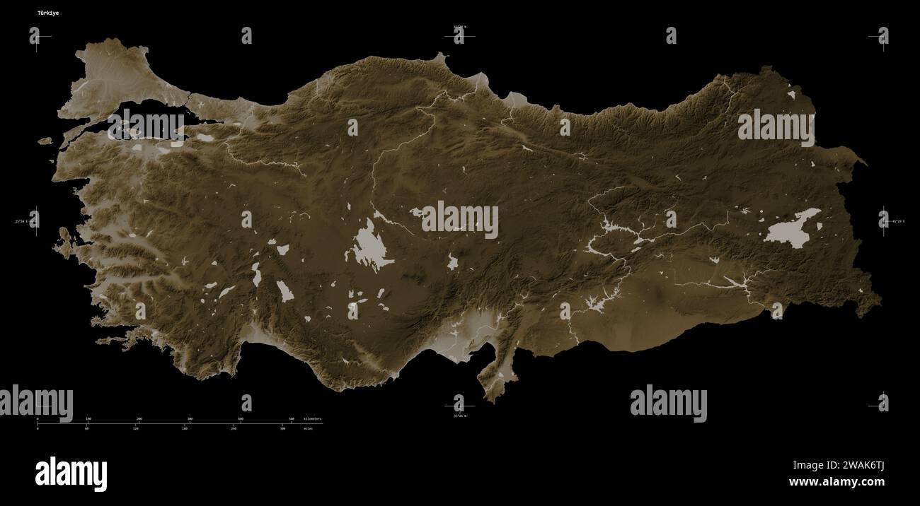Shape of a elevation map colored in sepia tones with lakes and rivers ...