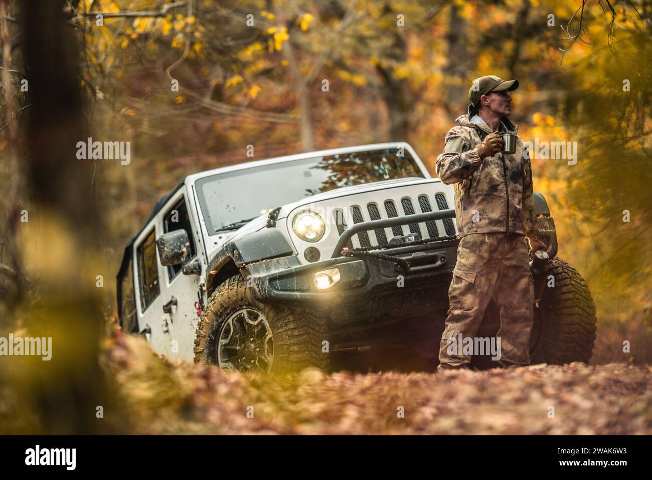 Hunting Season Theme. Camouflage Wearing Hunter Drinking a Coffee Next ...