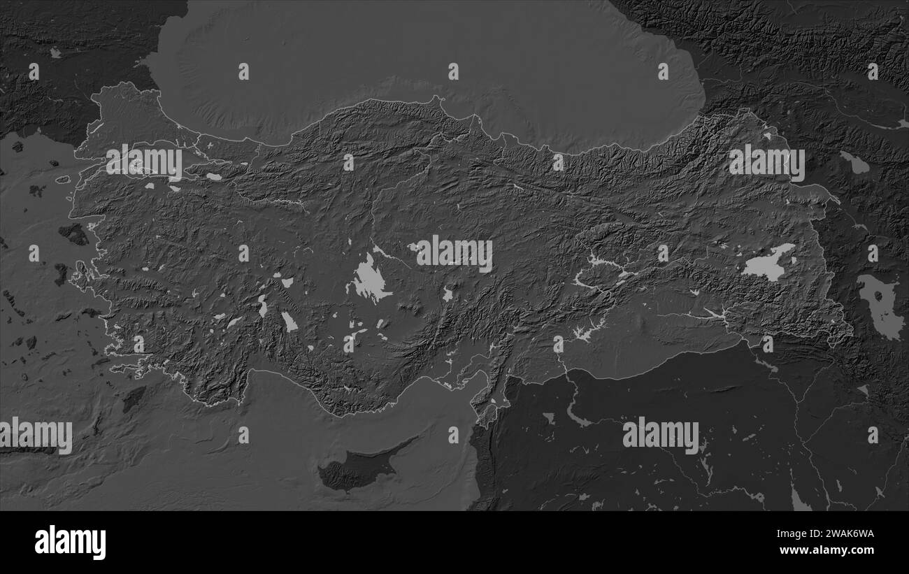 Turkiye highlighted on a Bilevel elevation map with lakes and rivers ...