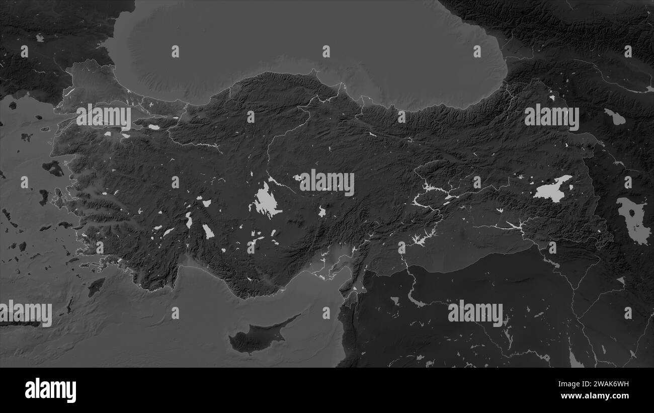 Turkiye highlighted on a Grayscale elevation map with lakes and rivers ...