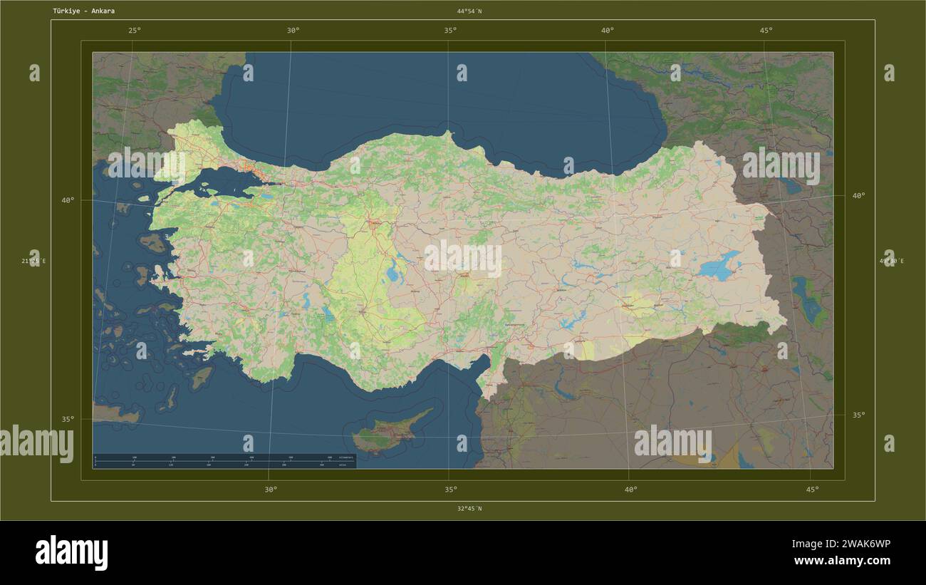Turkiye highlighted on a topographic, OSM standard style map map with ...
