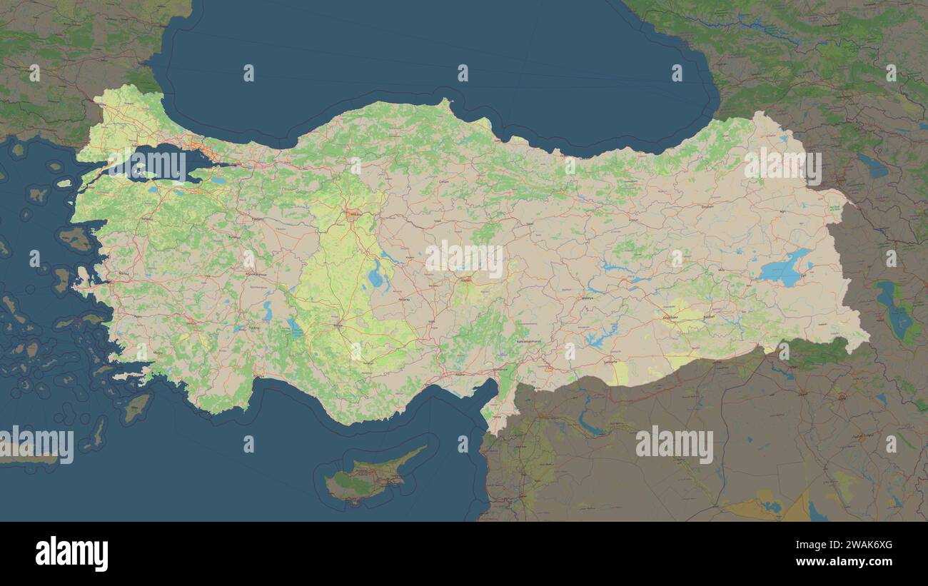 Turkiye highlighted on a topographic, OSM standard style map Stock ...