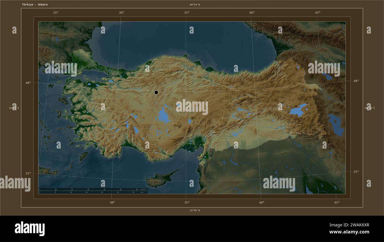 Turkiye highlighted on a Colored elevation map with lakes and rivers ...