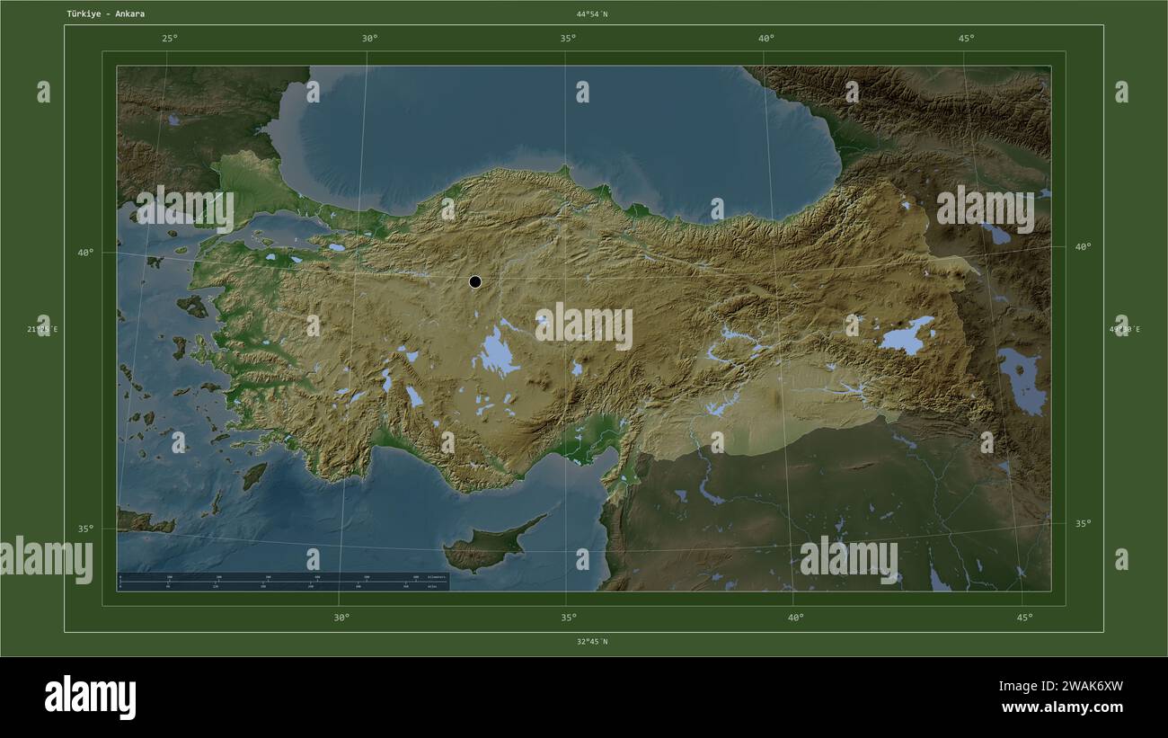 Turkiye highlighted on a Pale colored elevation map with lakes and ...