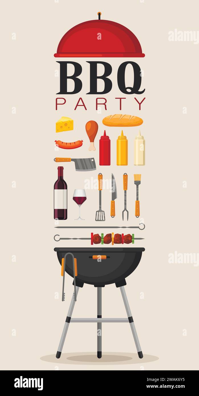 Bbq party poster invitation with grill and food. Barbecue grill ...