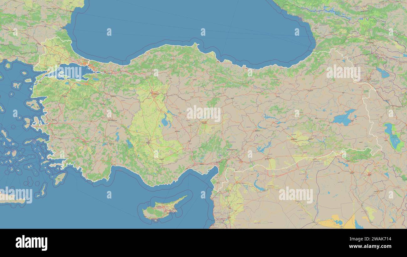 Turkiye outlined on a topographic, OSM standard style map Stock Photo ...