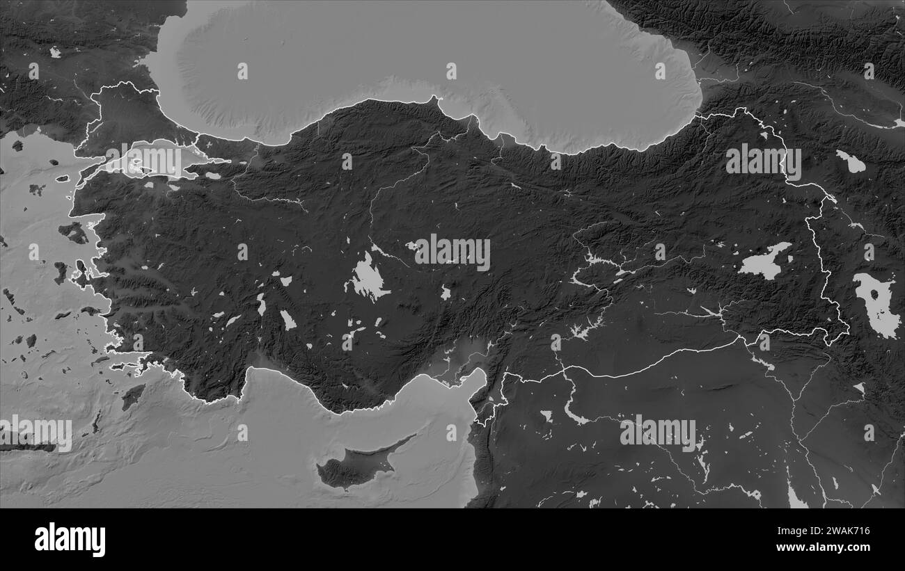 Turkiye outlined on a Grayscale elevation map with lakes and rivers ...
