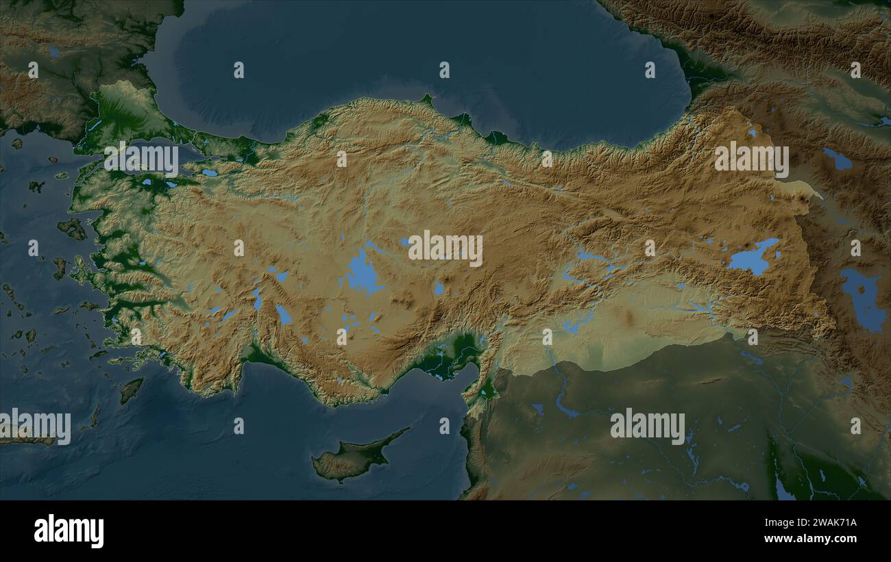 Turkiye highlighted on a Colored elevation map with lakes and rivers ...