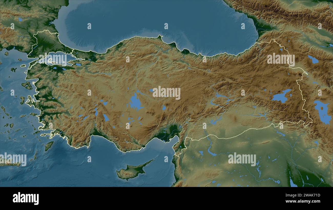 Turkiye outlined on a Colored elevation map with lakes and rivers Stock ...