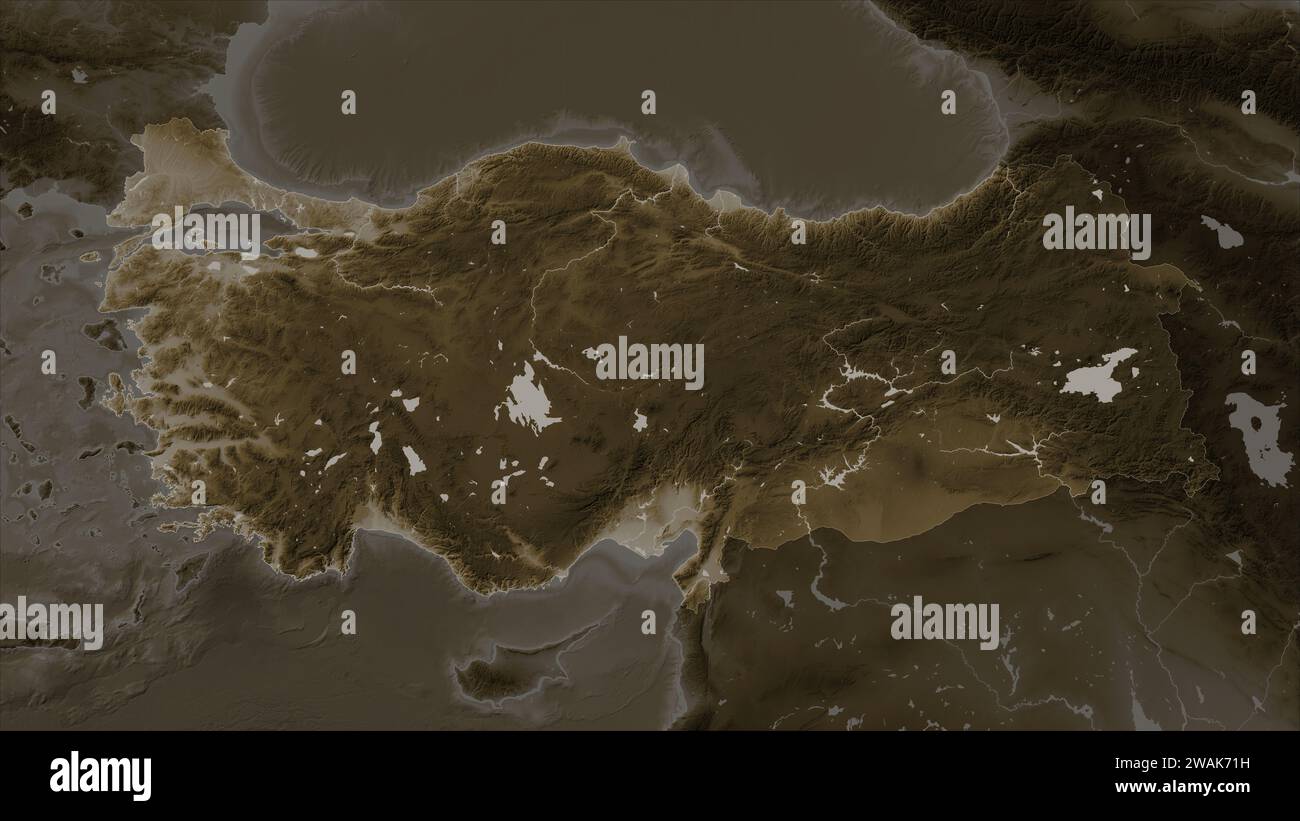 Turkiye highlighted on a elevation map colored in sepia tones with ...