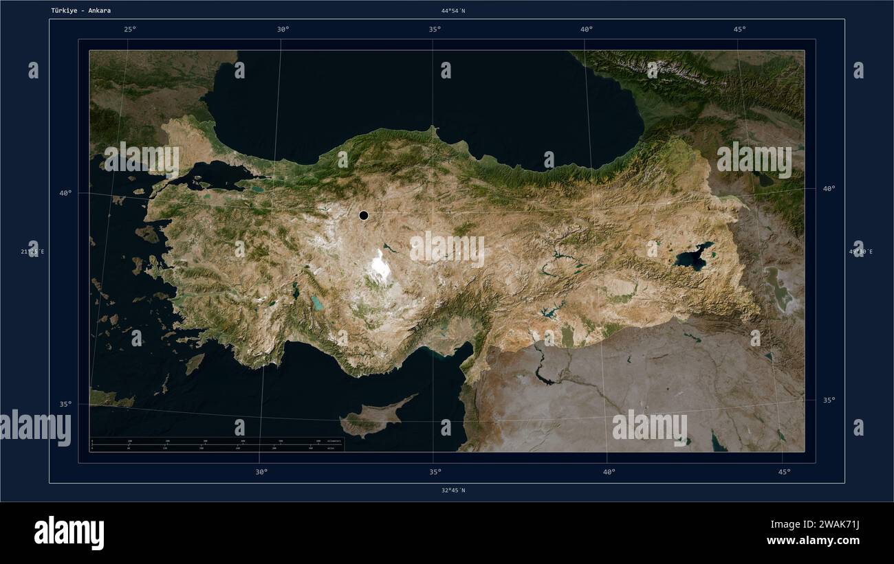 Turkiye highlighted on a low resolution satellite map map with the ...