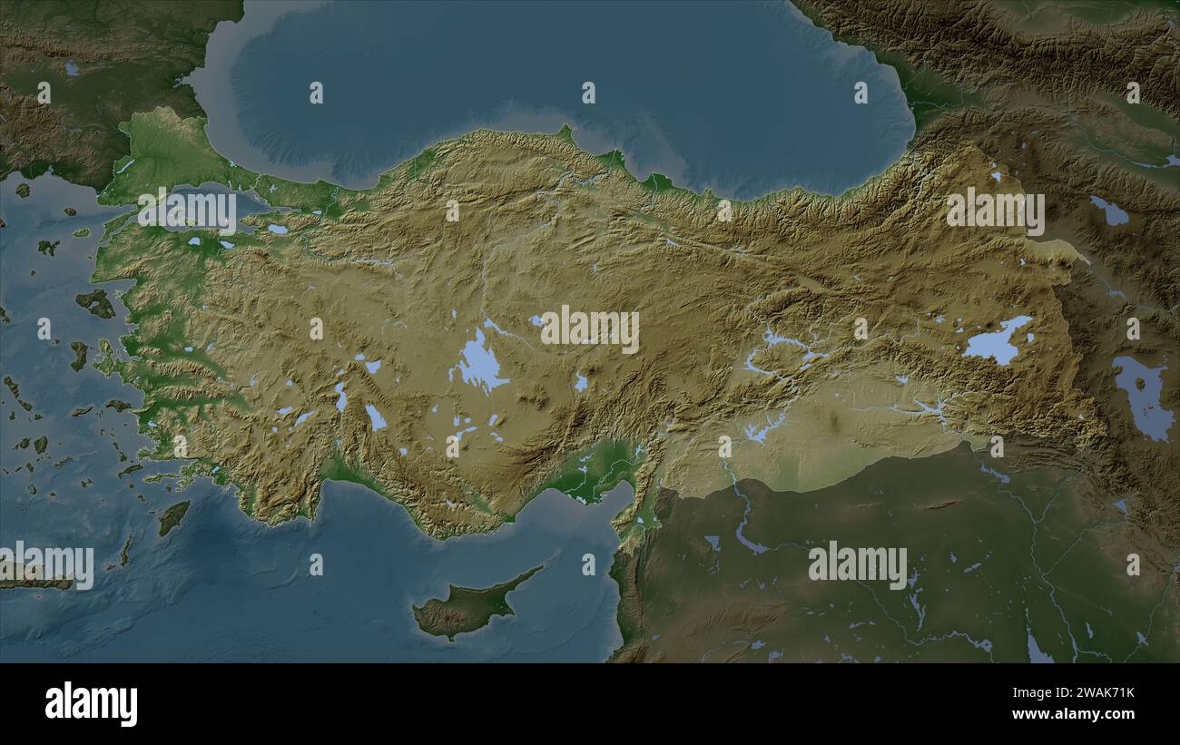 Turkiye highlighted on a Pale colored elevation map with lakes and ...