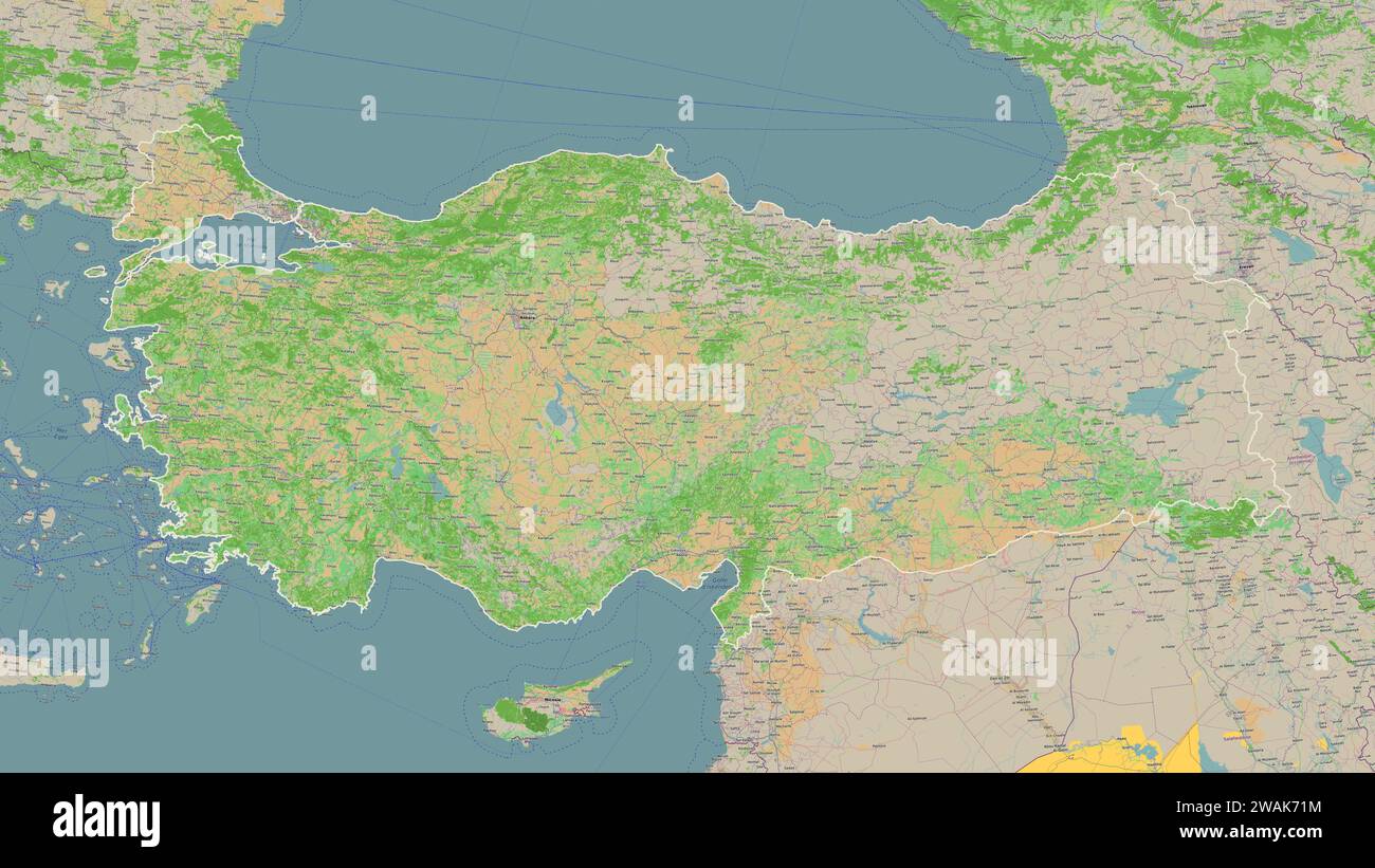 Turkiye outlined on a topographic, OSM France style map Stock Photo - Alamy