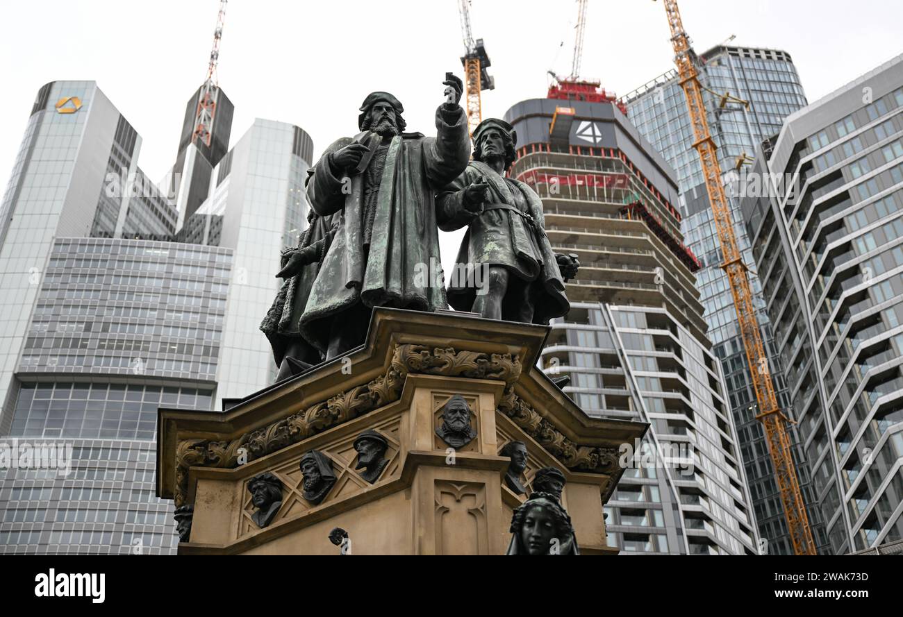 05 January 2024, Hesse, Frankfurt/Main: The Gutenberg monument from ...