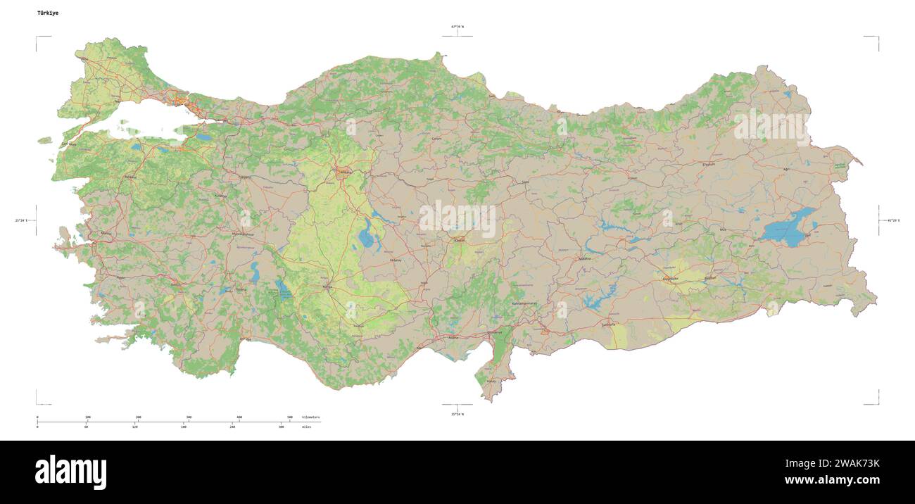Shape of a topographic, OSM standard style map of the Turkiye, with distance scale and map ...