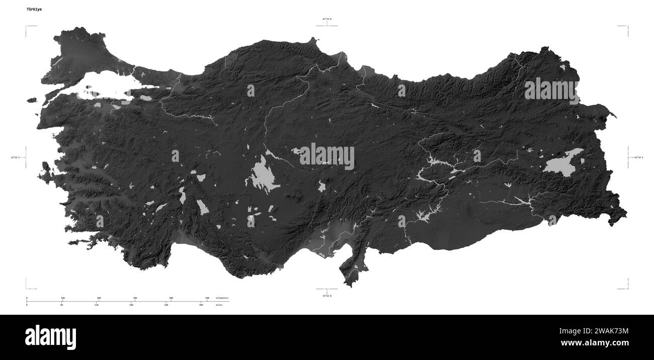Shape of a Grayscale elevation map with lakes and rivers of the Turkiye ...