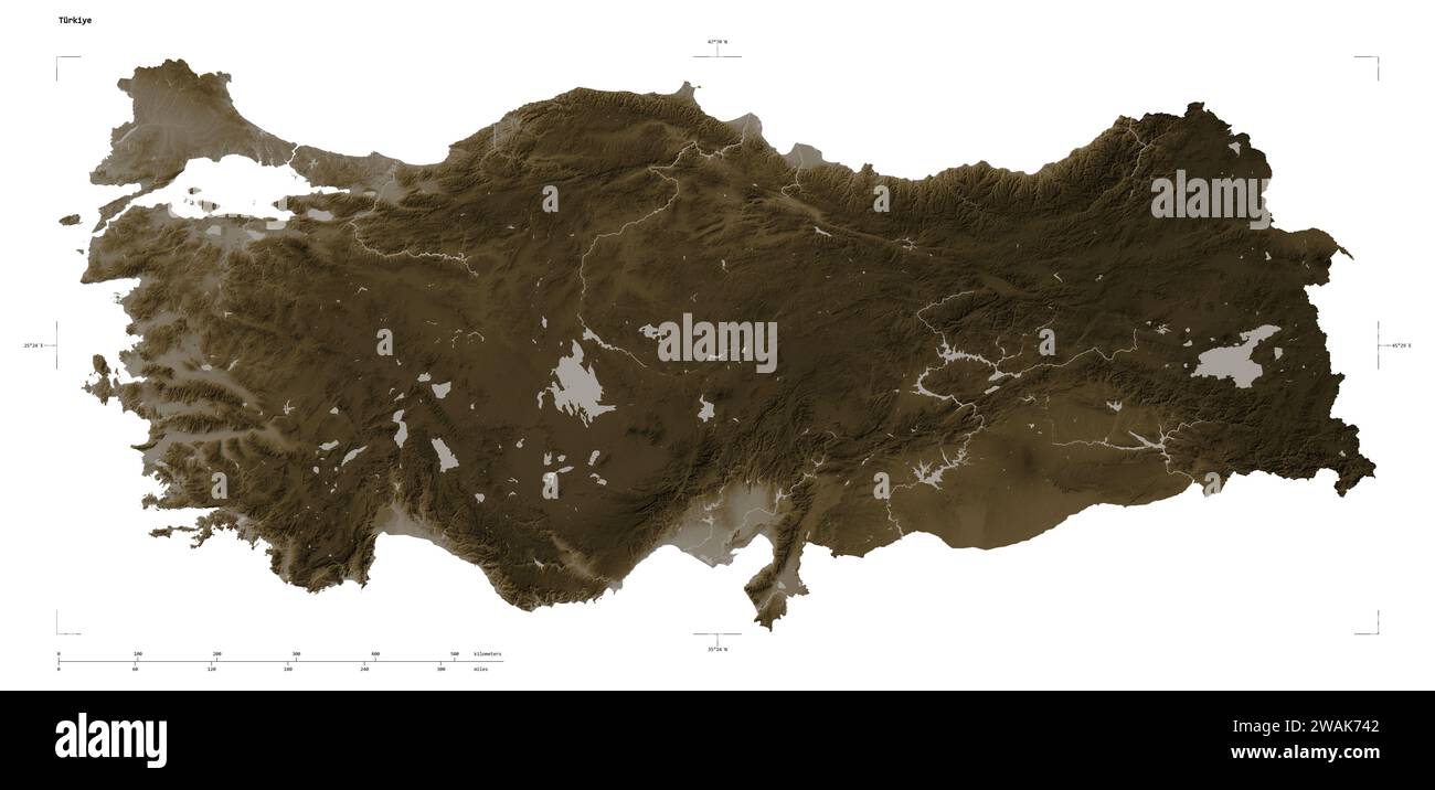 Shape of a elevation map colored in sepia tones with lakes and rivers ...
